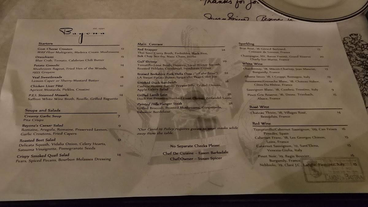 Menu at Bayona pub & bar, New Orleans