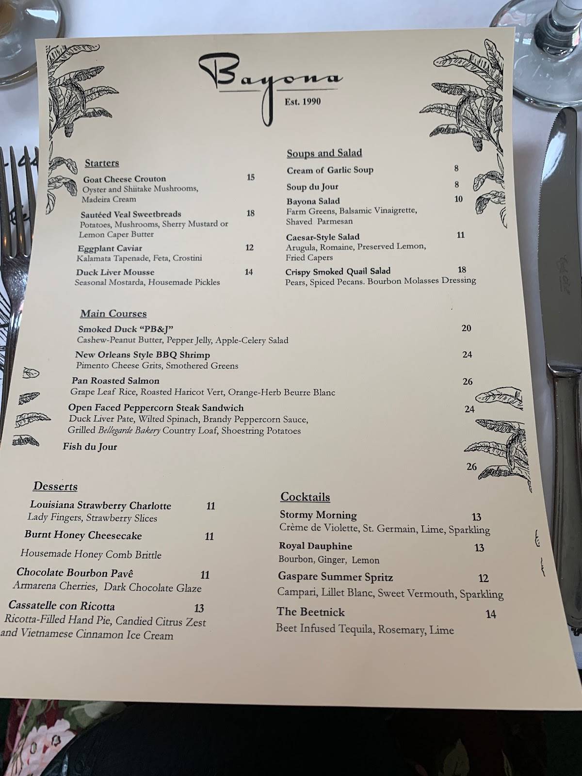 Menu at Bayona pub & bar, New Orleans