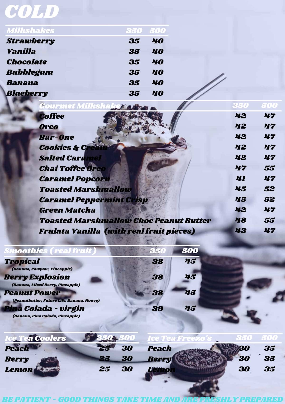 Menu at Be Blessed, Klerksdorp
