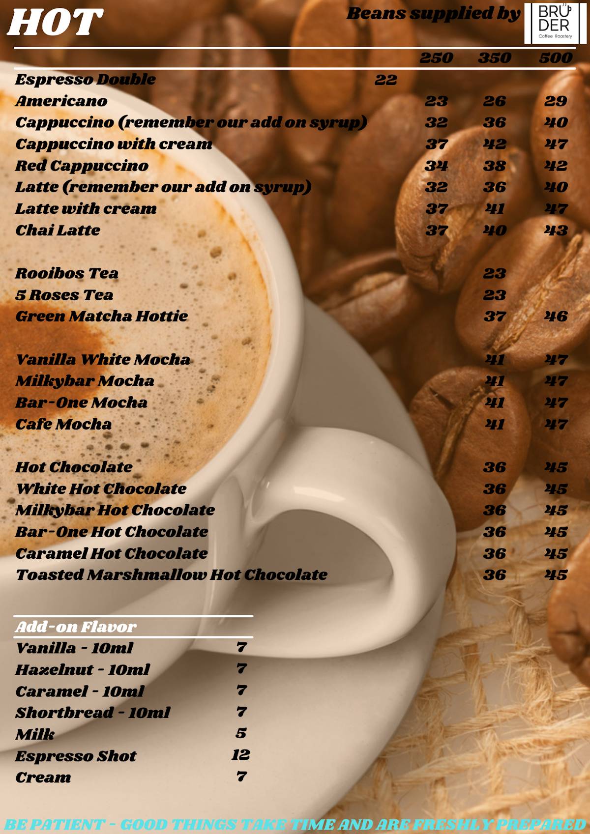Menu at Be Blessed, Klerksdorp
