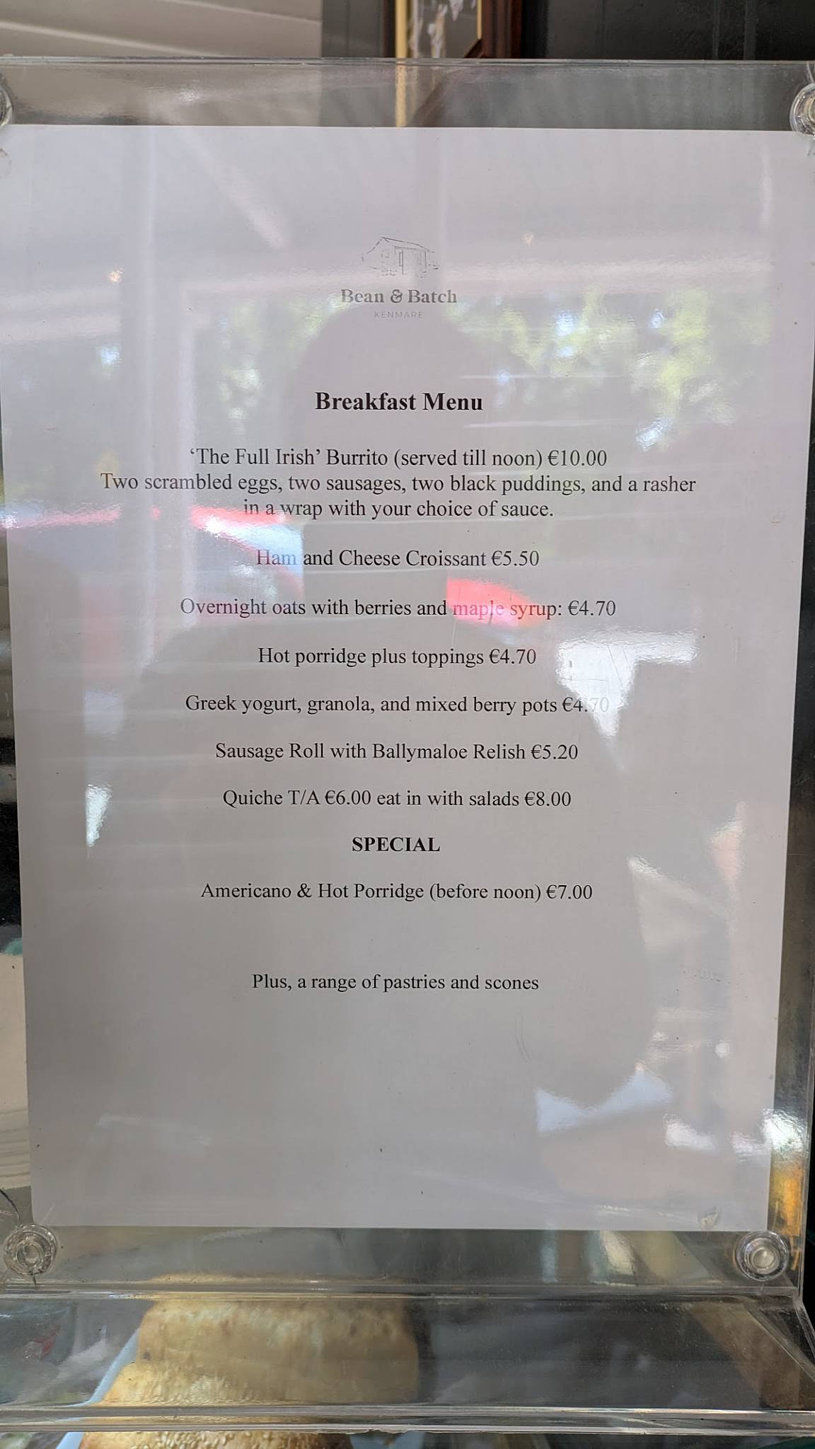 Menu at Bean & Batch Kenmare cafe, Kenmare
