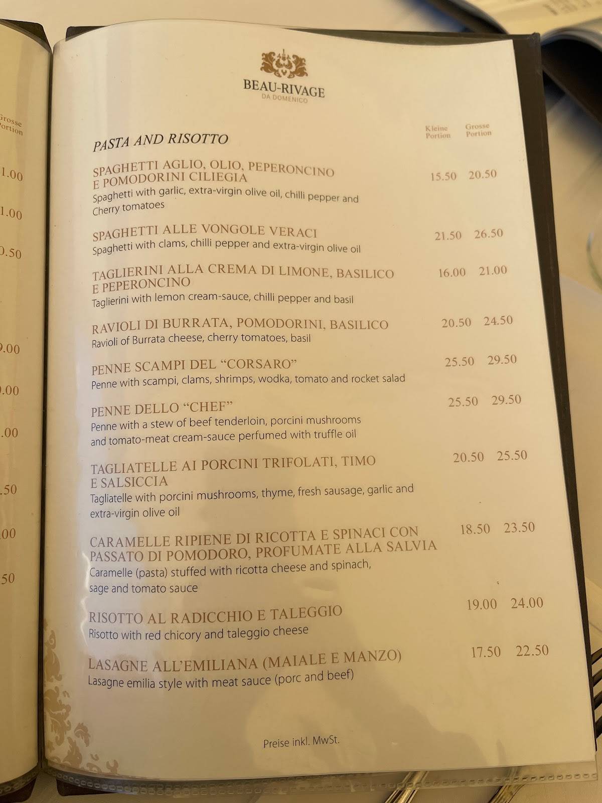 Menu at Beau Rivage, Thun, Hofstettenstrasse 6