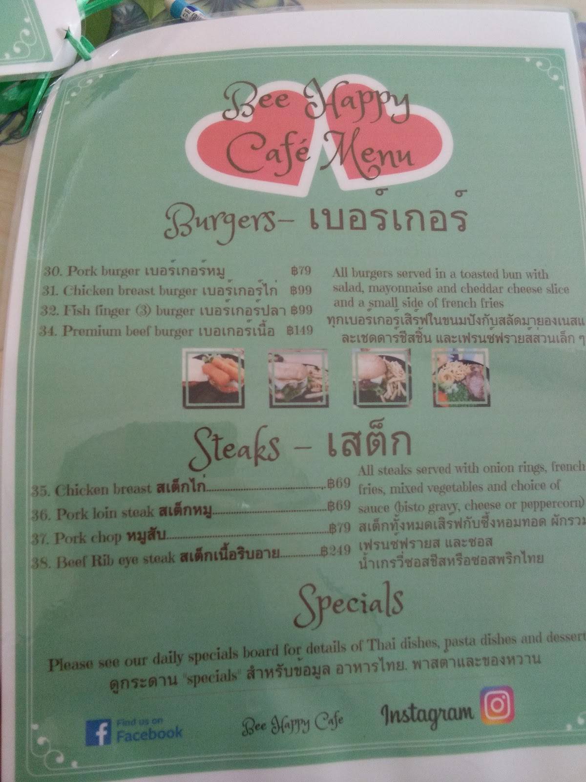 Menu at Bee Happy Cafe, Chang Khoeng