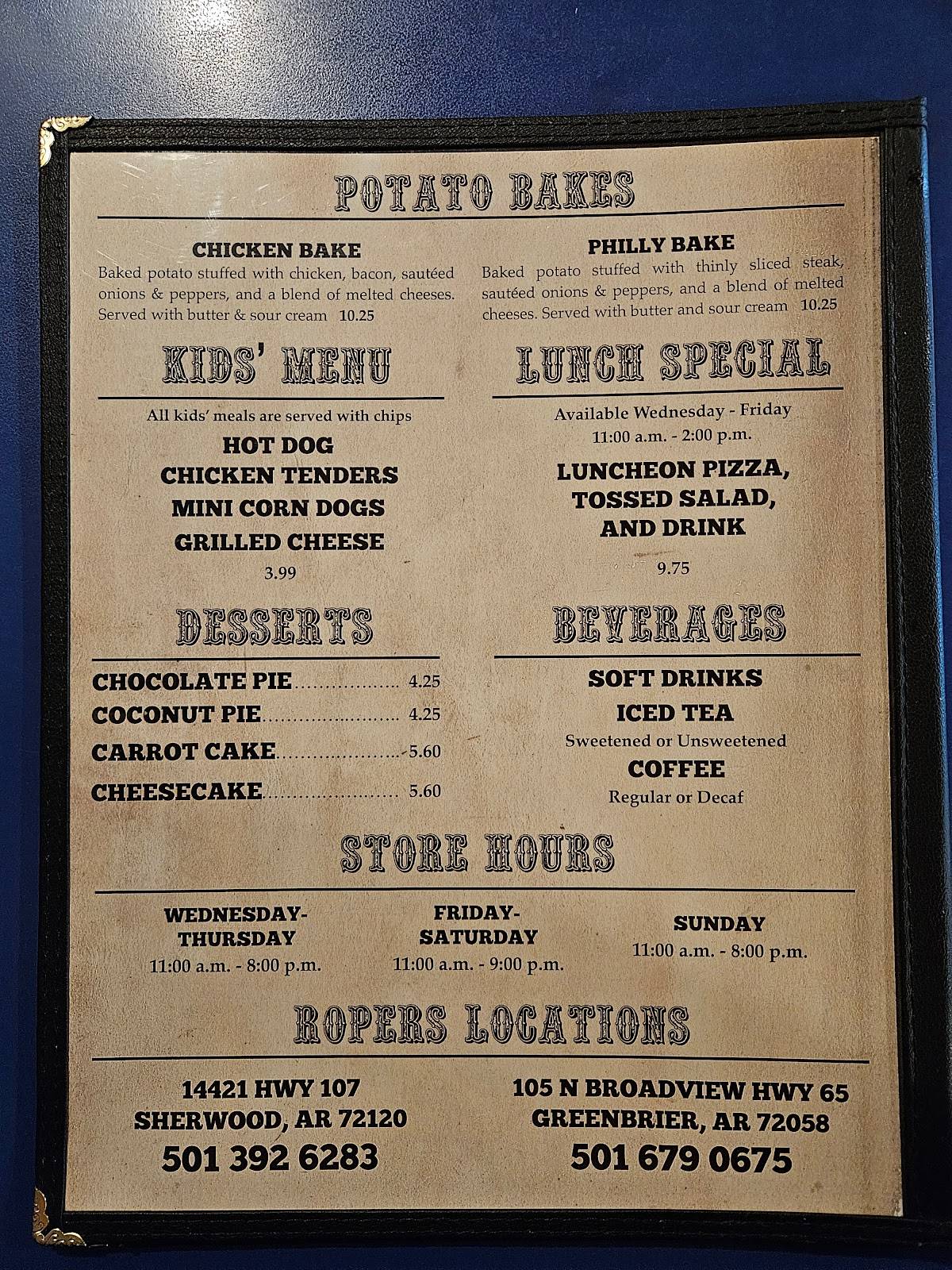 Menu at Roper's Restaurant, Beebe
