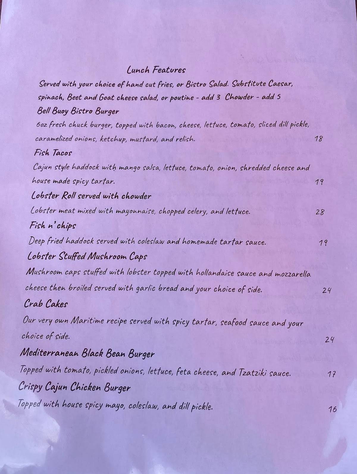 Menu at Bell Buoy Bistro restaurant, Baddeck