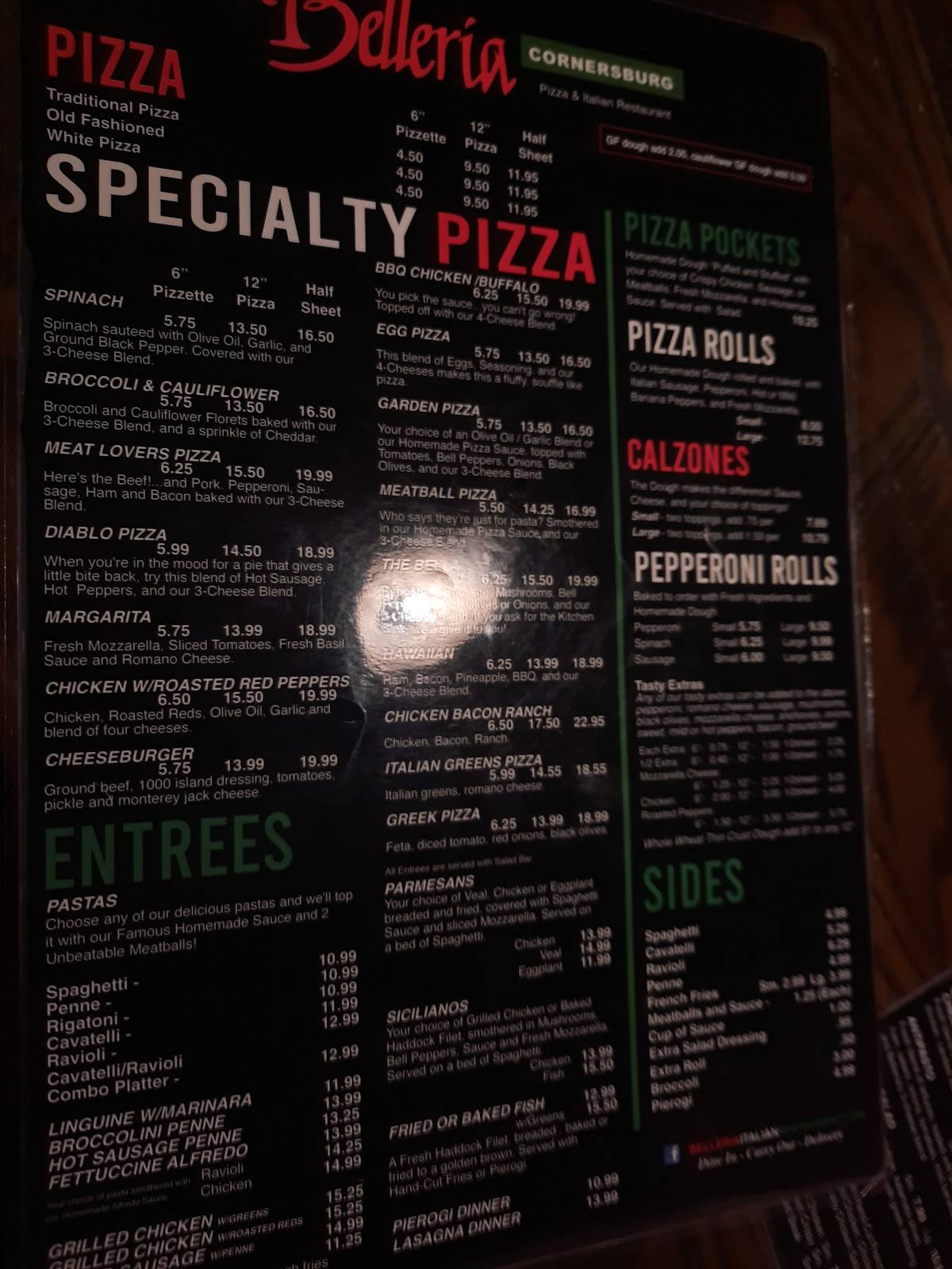 Menu at Belleria Pizza & Italian pizzeria, Youngstown, S Meridian Rd