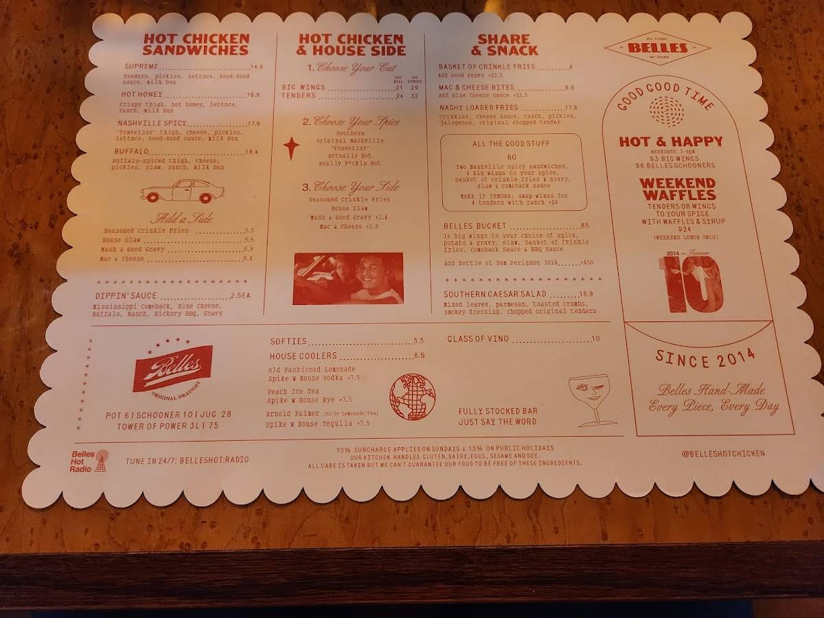 Carta del restaurante Belles Hot Chicken Bondi Beach, Bondi Beach