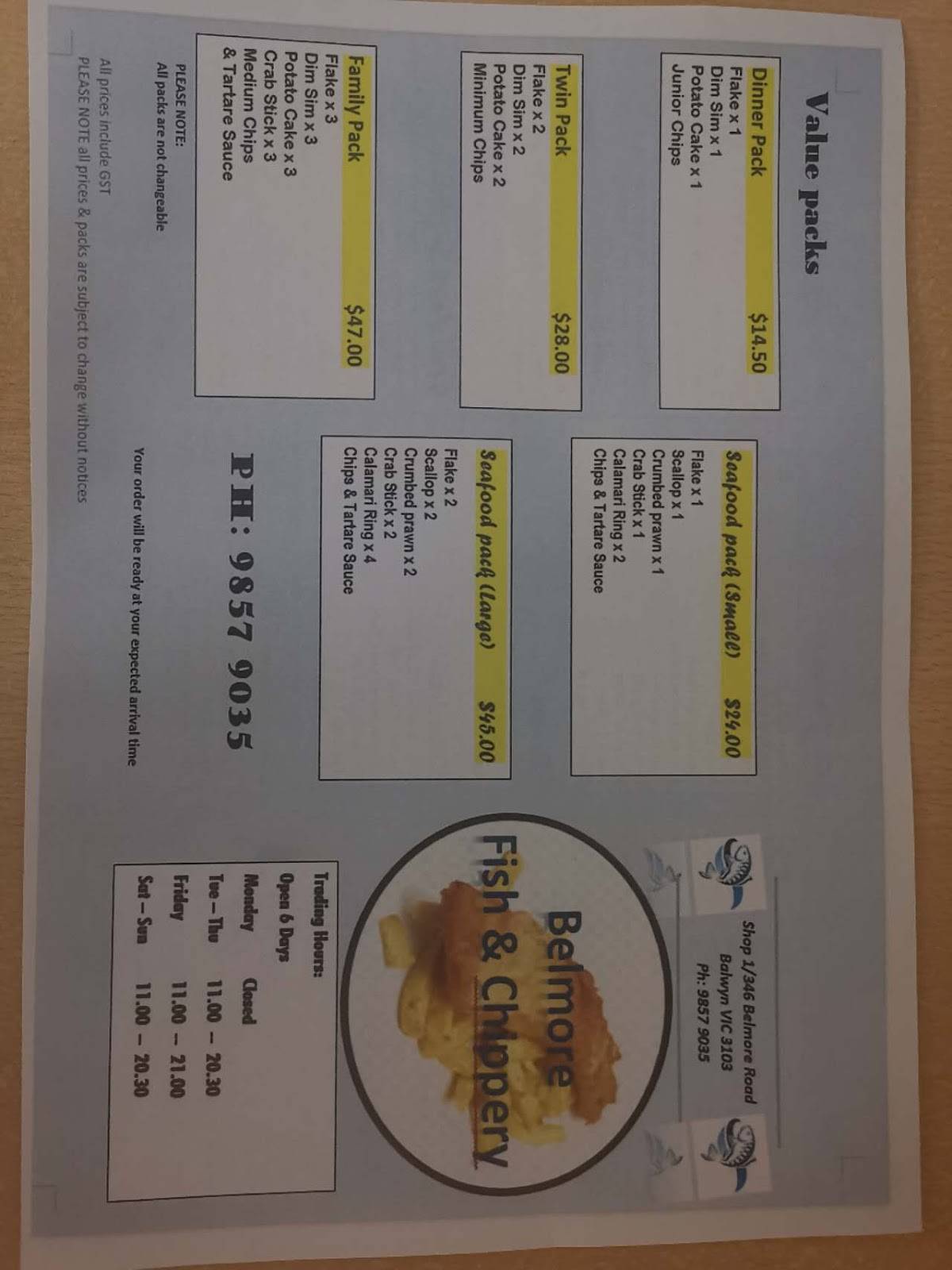 Menu at Belmore Fish and Chippery fast food, Balwyn