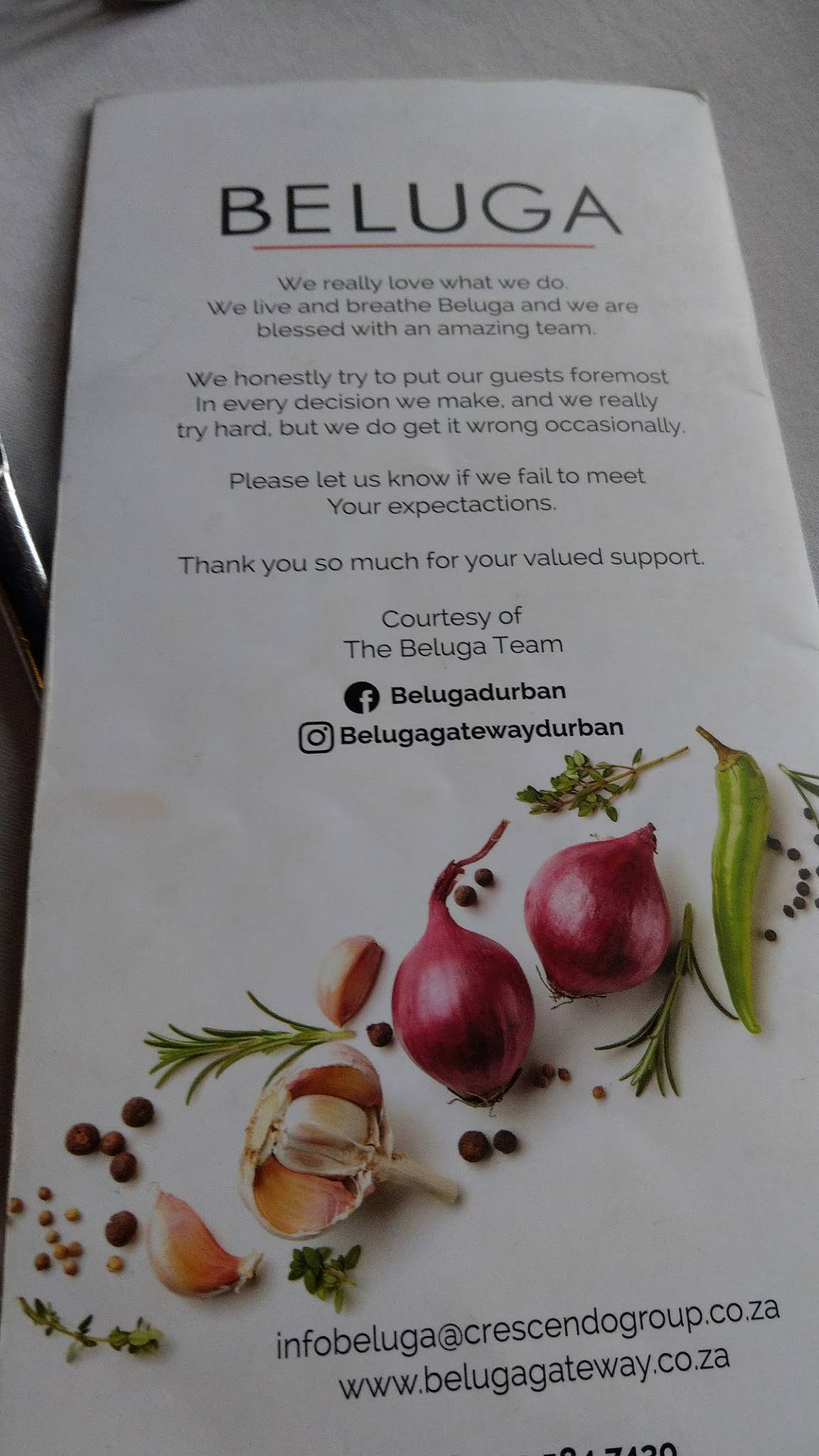 Menu at Beluga Restaurant Gateway, Durban, 1 Palm Blvd