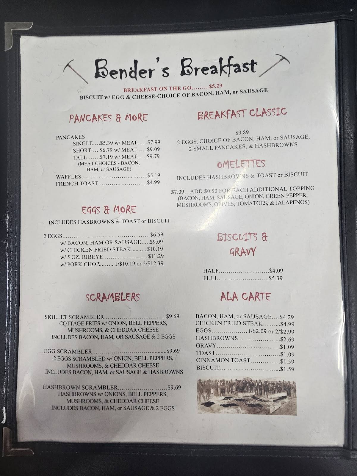 Menu at Bender's Kitchen restaurant, Parsons