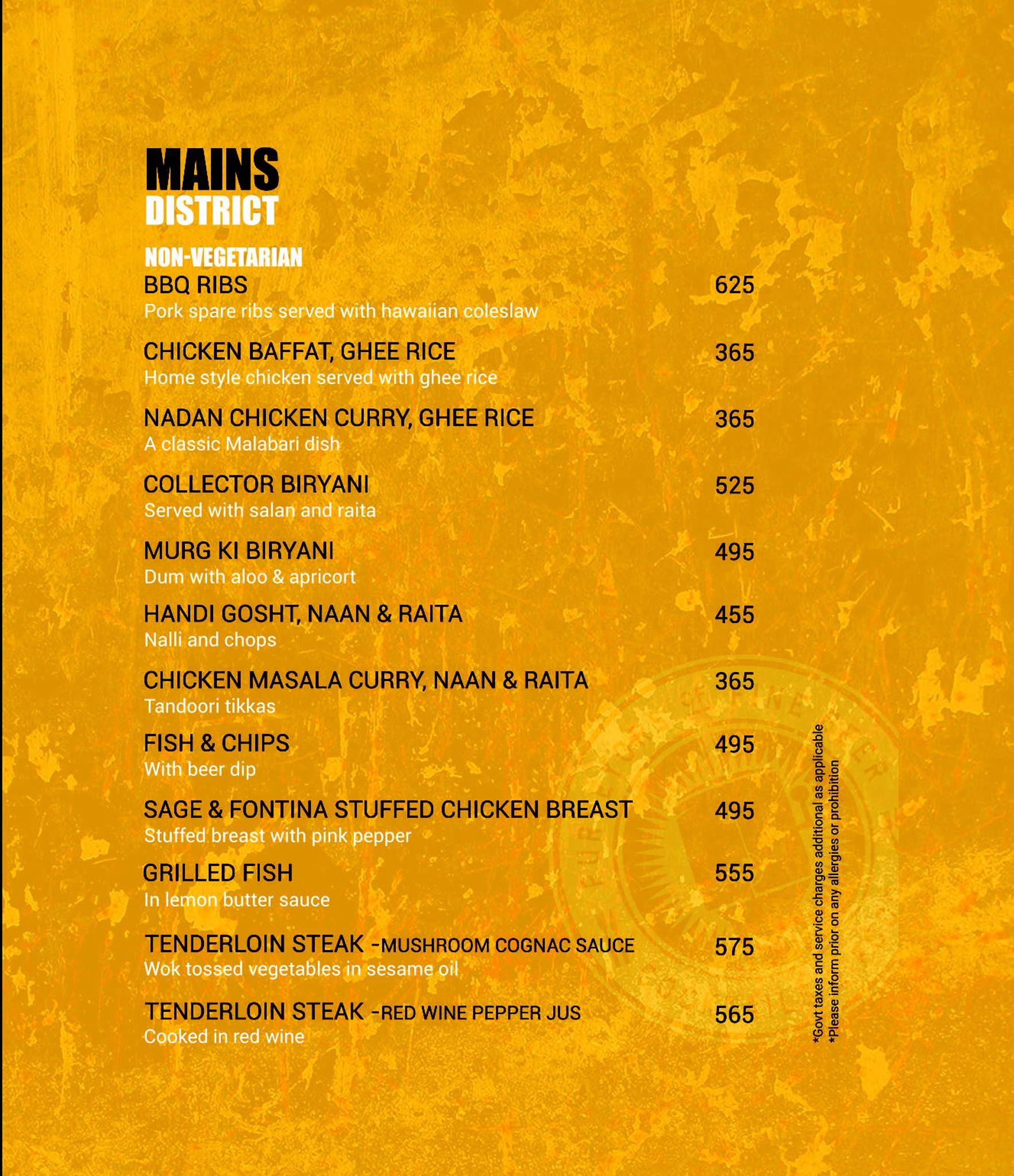 Menu at District 6, Bengaluru