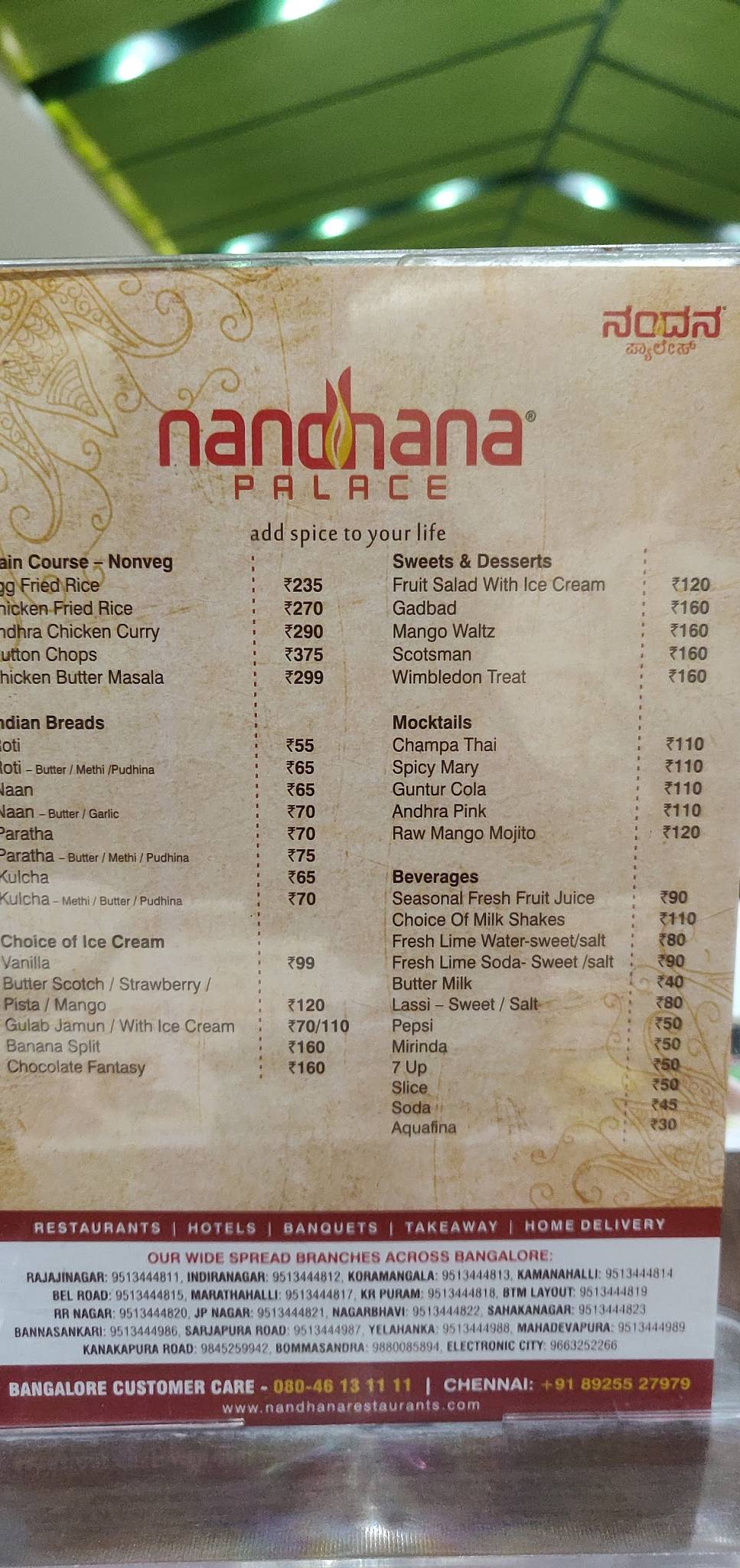 Menu at Nandhana Palace - Andhra Style Restaurant - RR Nagar, Bengaluru ...