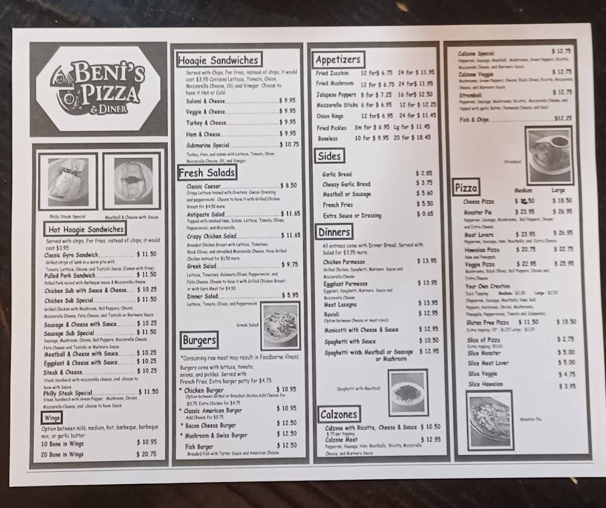 Menu at Beni's Pizza pizzeria, Black Canyon City, Old Black Canyon Hwy