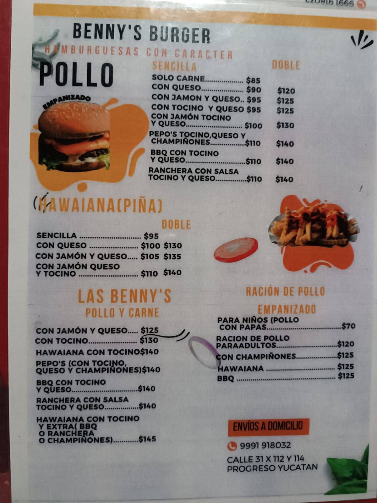 Menu at Benny's Burguer restaurant, Progreso