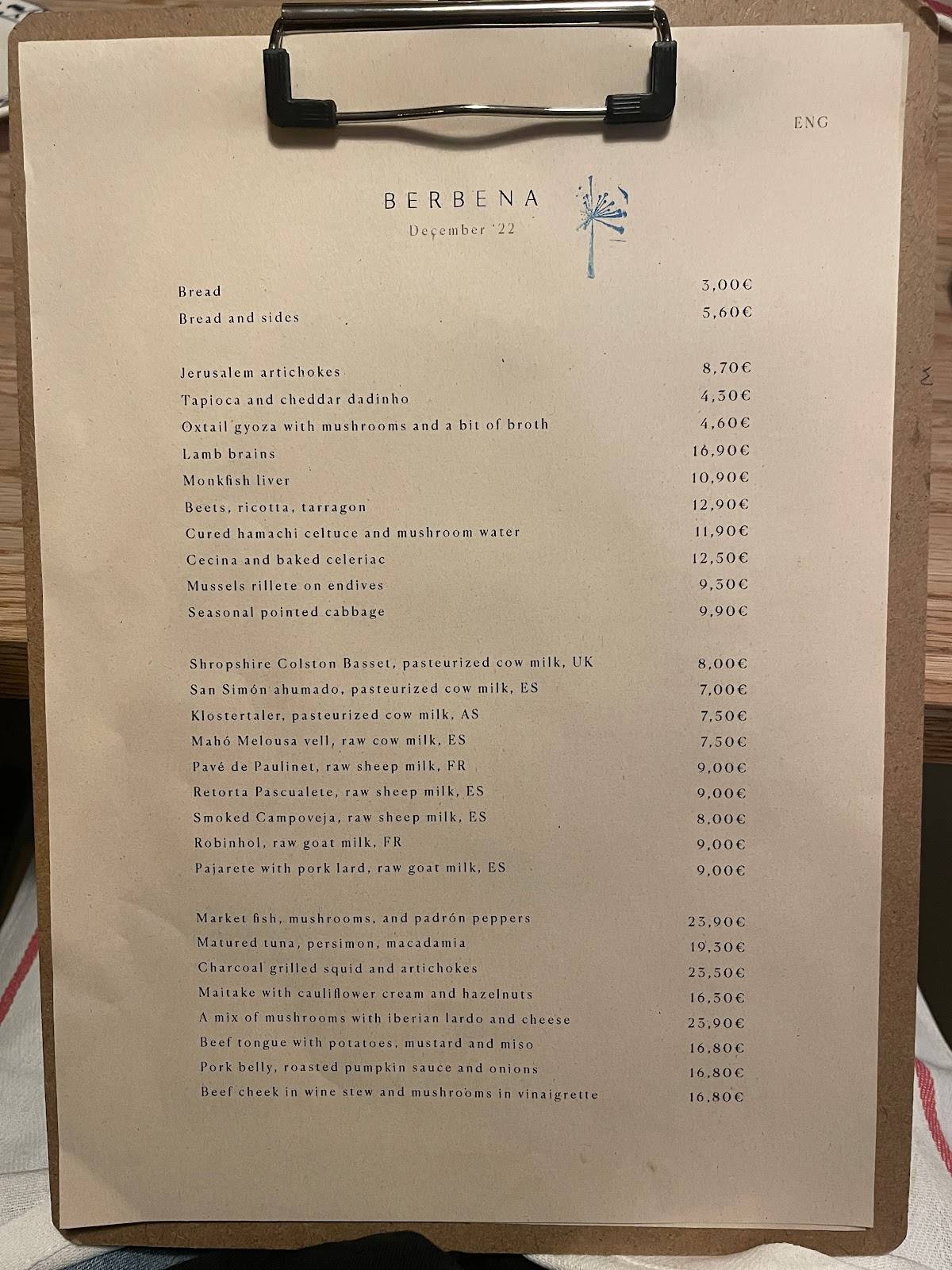 Menu at Berbena restaurant, Barcelona