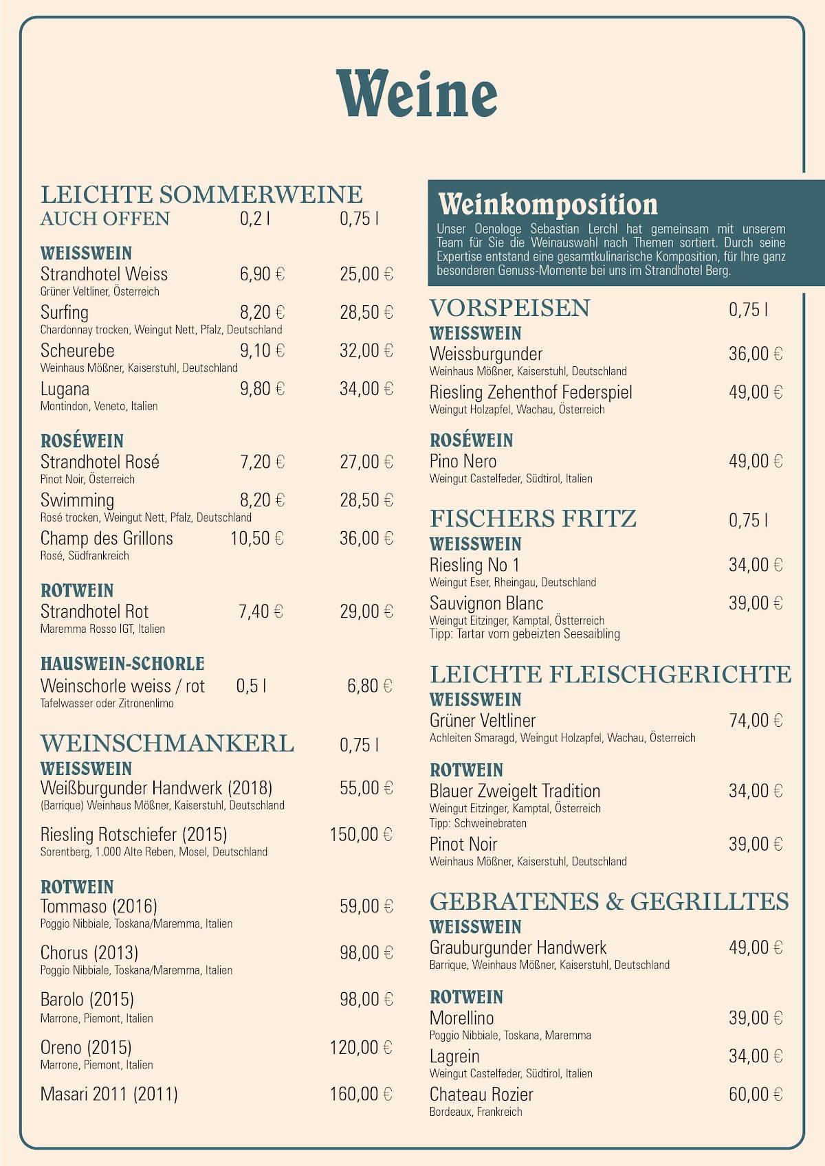 Speisekarte von Strandhotel Berg restaurant, Berg