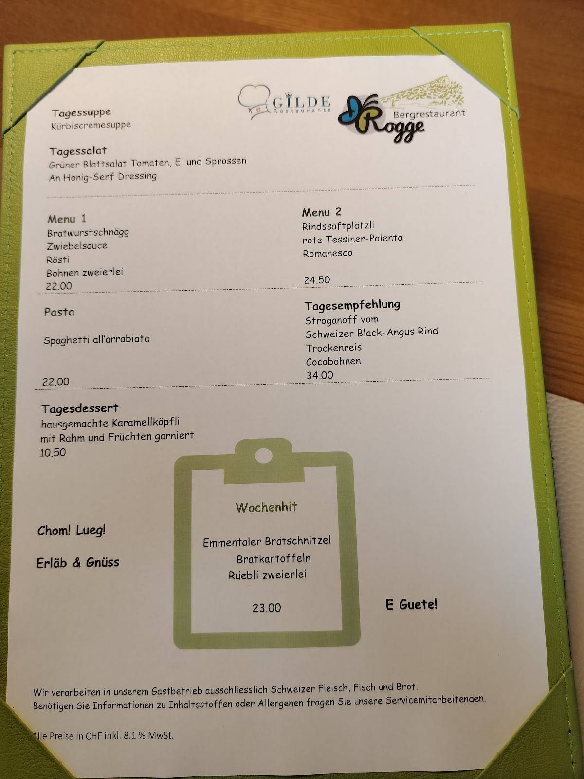 Speisekarte von Bergrestaurant Roggen, Oensingen