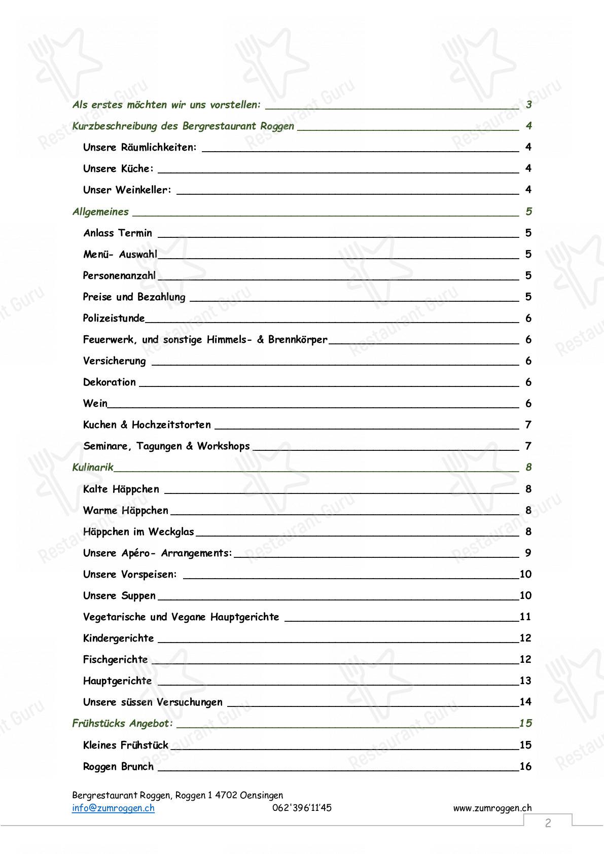 Speisekarte von Bergrestaurant Roggen, Oensingen