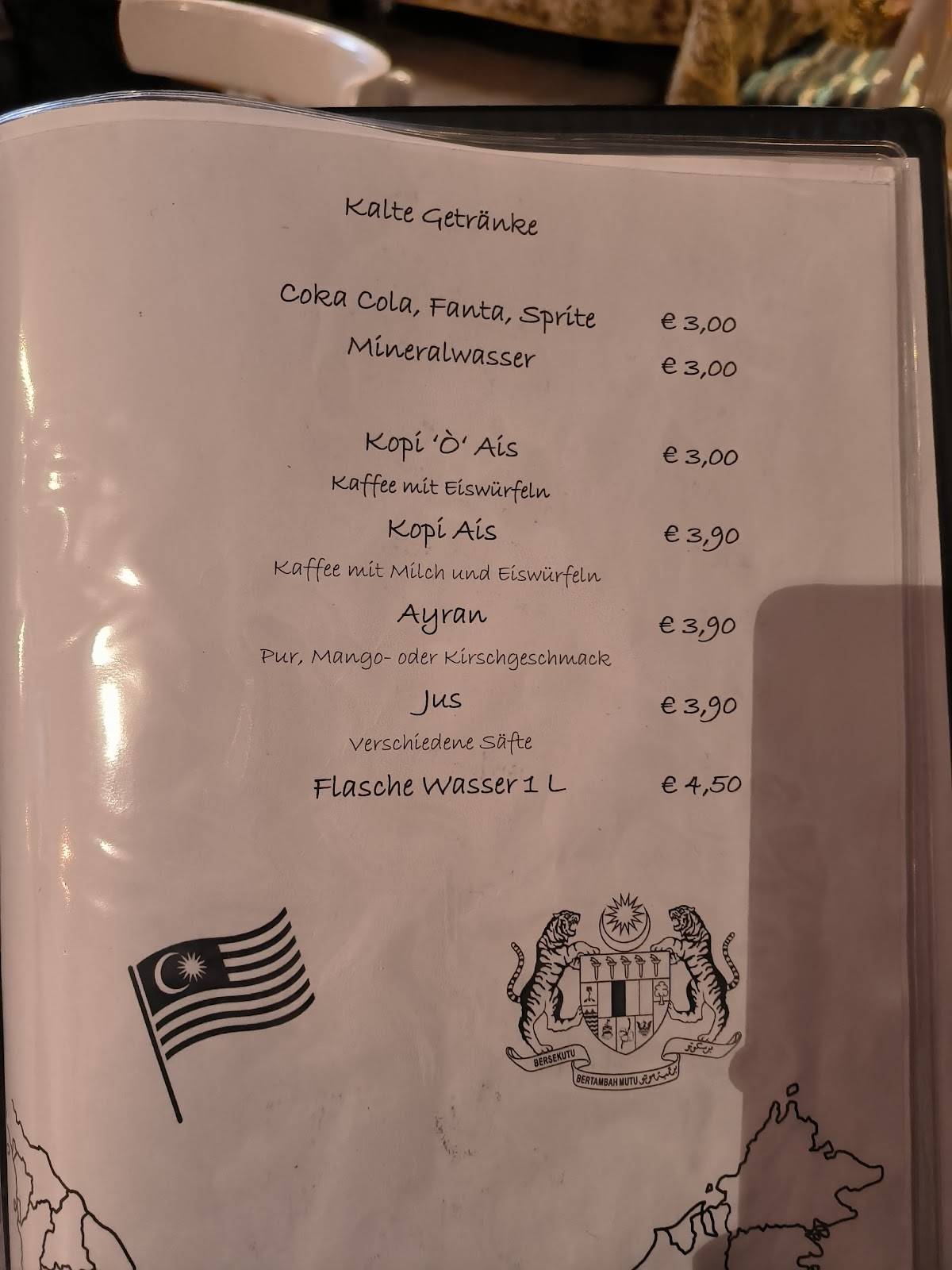 Menu at Seri Melayu restaurant, Berlin