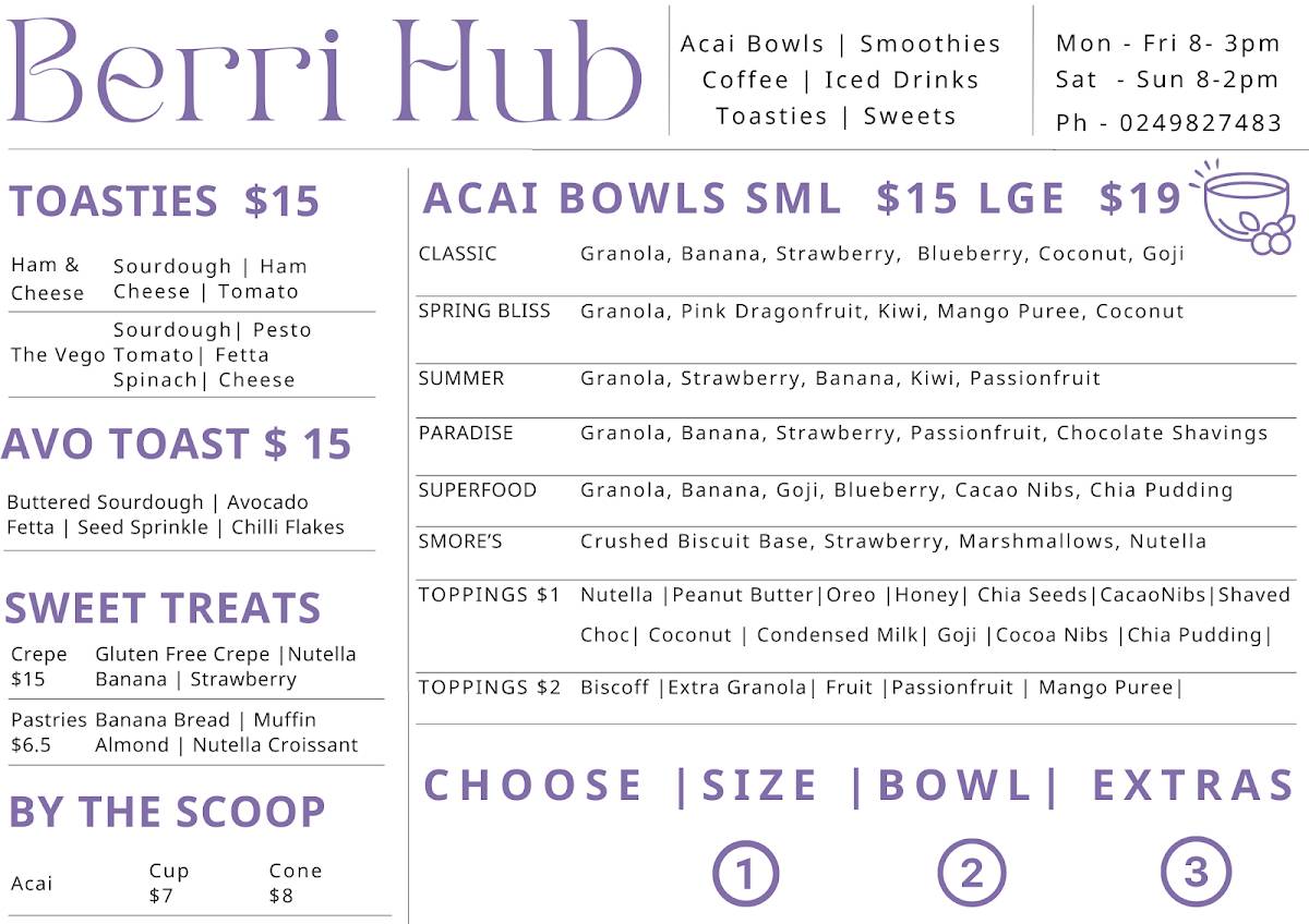 Menu at Berri Hub, Nelson Bay