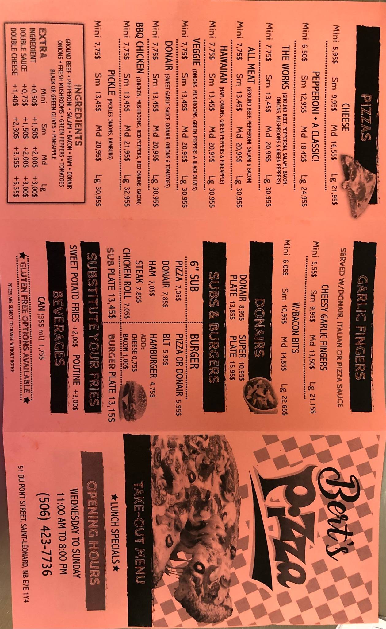 Menu at Bert's Pizza restaurant, Saint Leonard