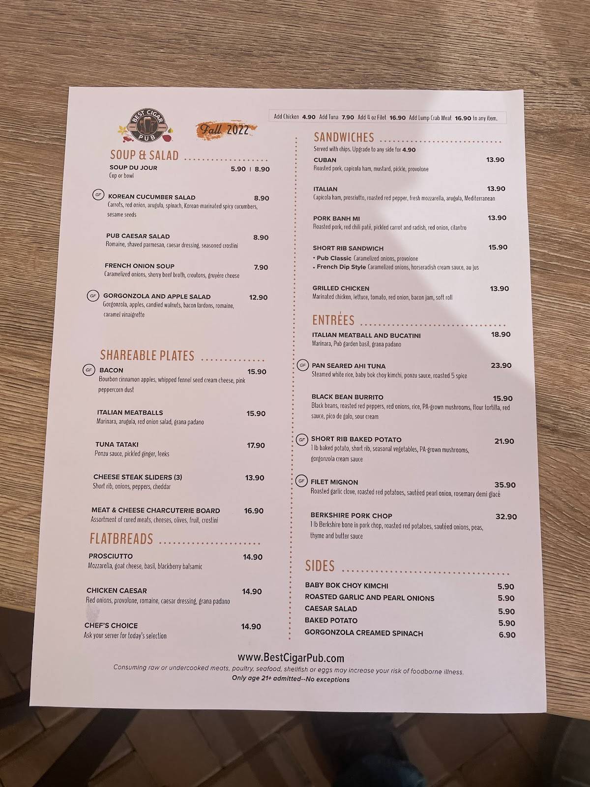 Menu at Best Cigar Pub, Drums, 3 Hillside Dr