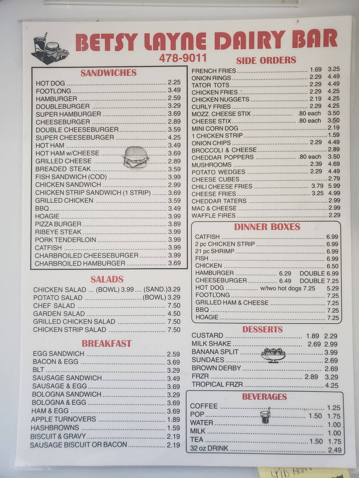 Menu at Betsy Layne Dairy Bar, Betsy Layne