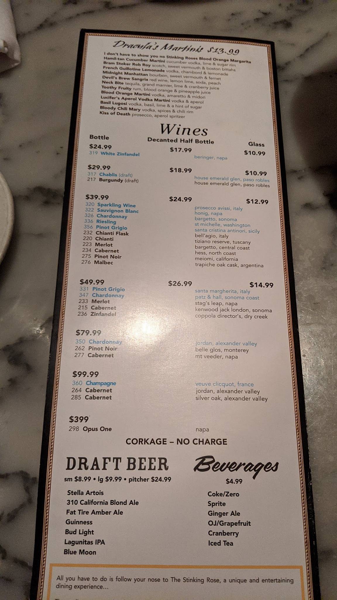 Menu at The Stinking Rose steakhouse, Beverly Hills