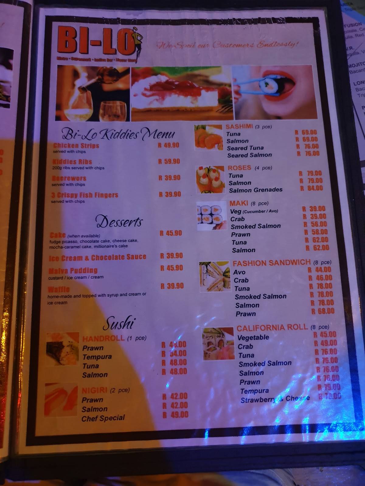 Menu at Bi-Lo Restaurant & Ladies Bar, Upington