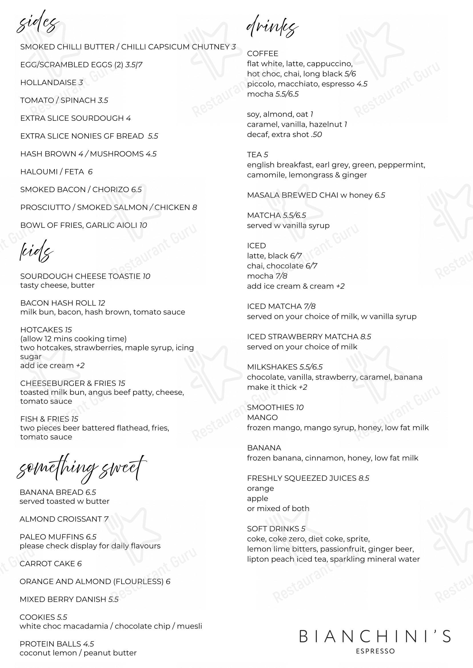 Menu at Bianchini's Elouera Beach cafe, Cronulla, 80 Mitchell Rd