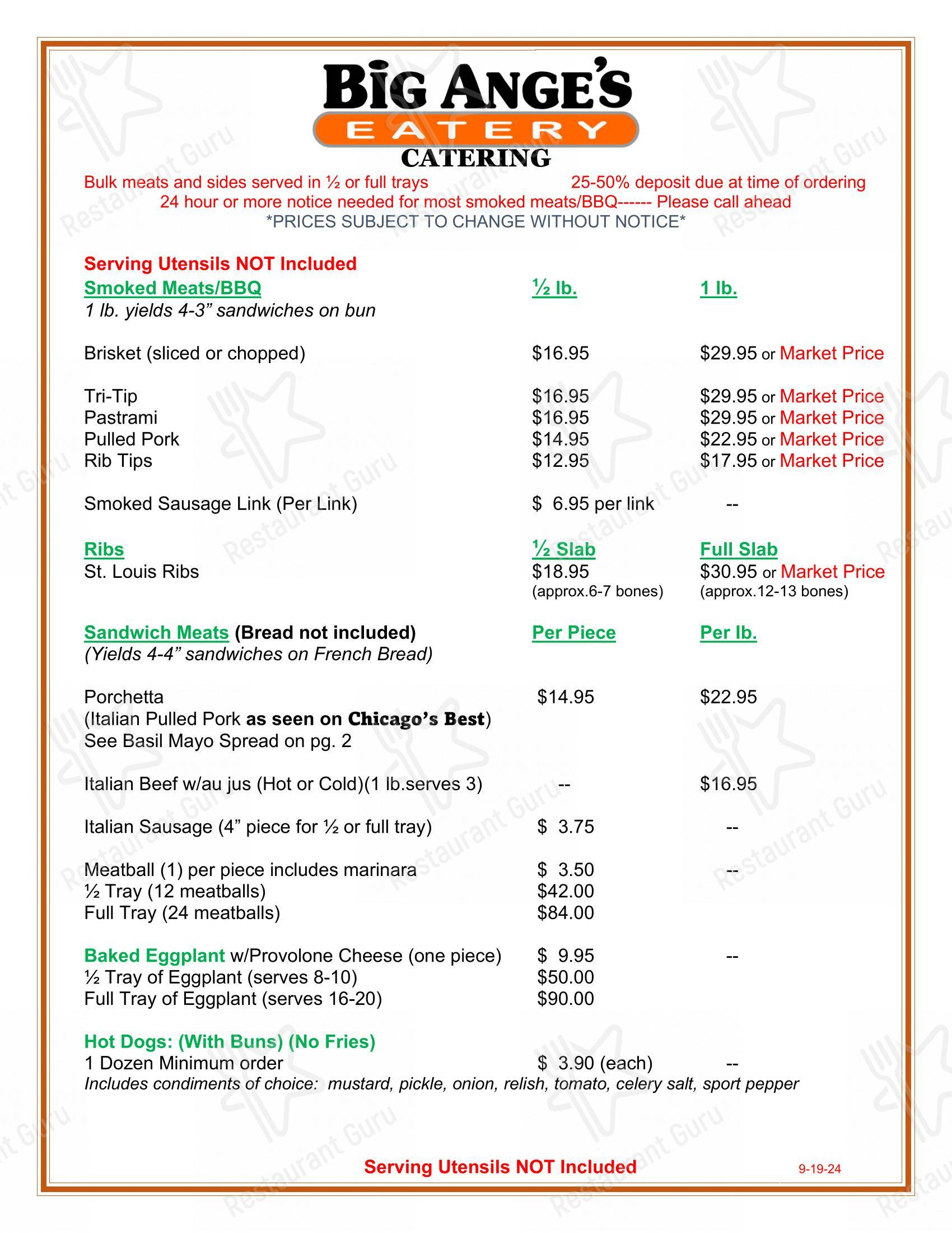 Menu at Big Ange's Eatery BBQ, Arlington Heights