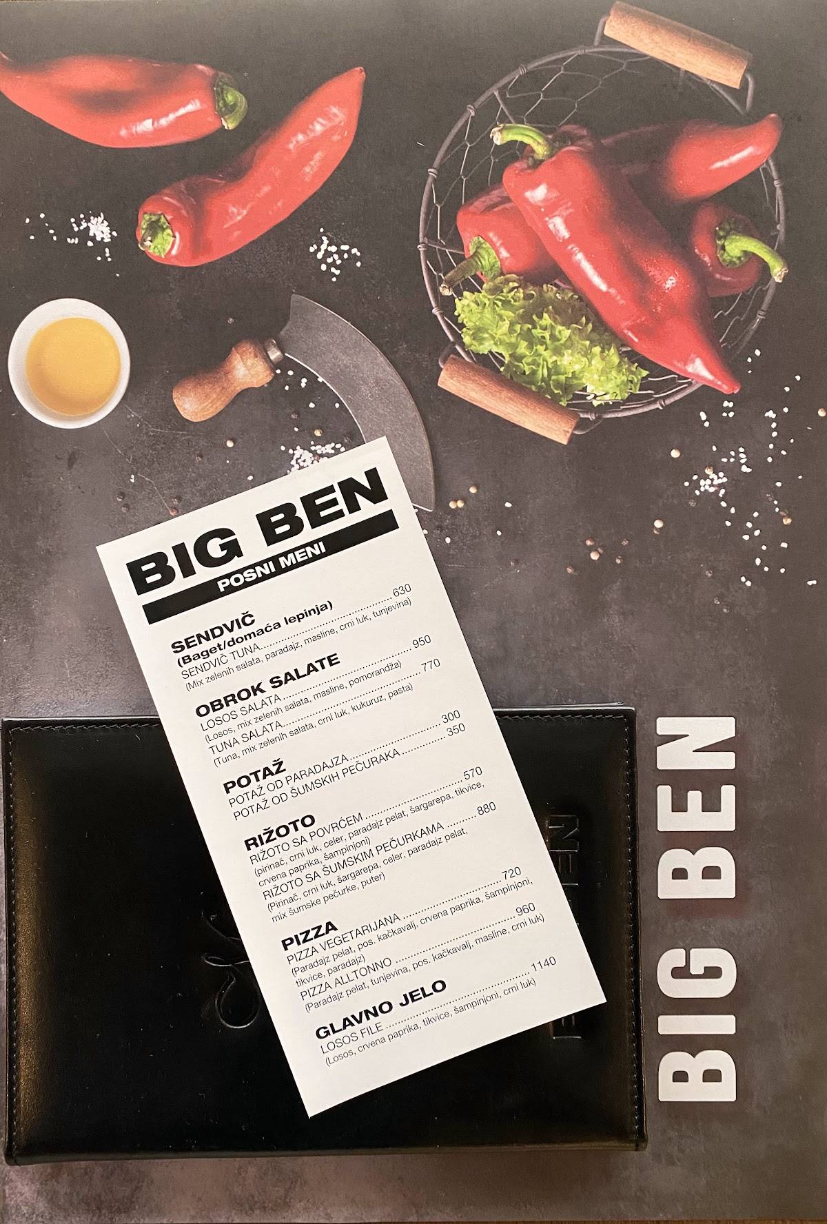 Menu at Big Ben restaurant, Kragujevac
