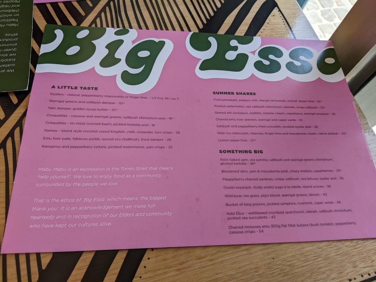 Menu at Big Esso restaurant, Melbourne