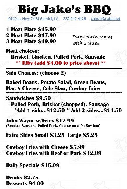 Carta de Big Jakes BBQ, St. Gabriel