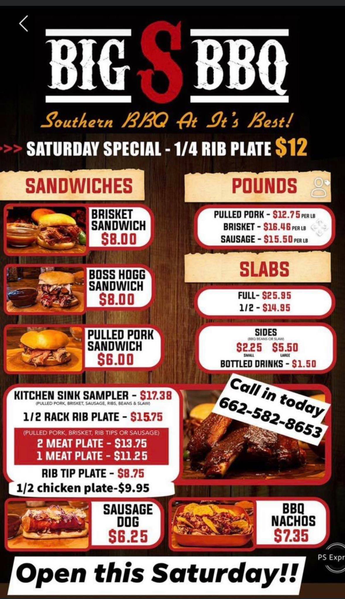 Menu at Big S Bbq, Kosciusko