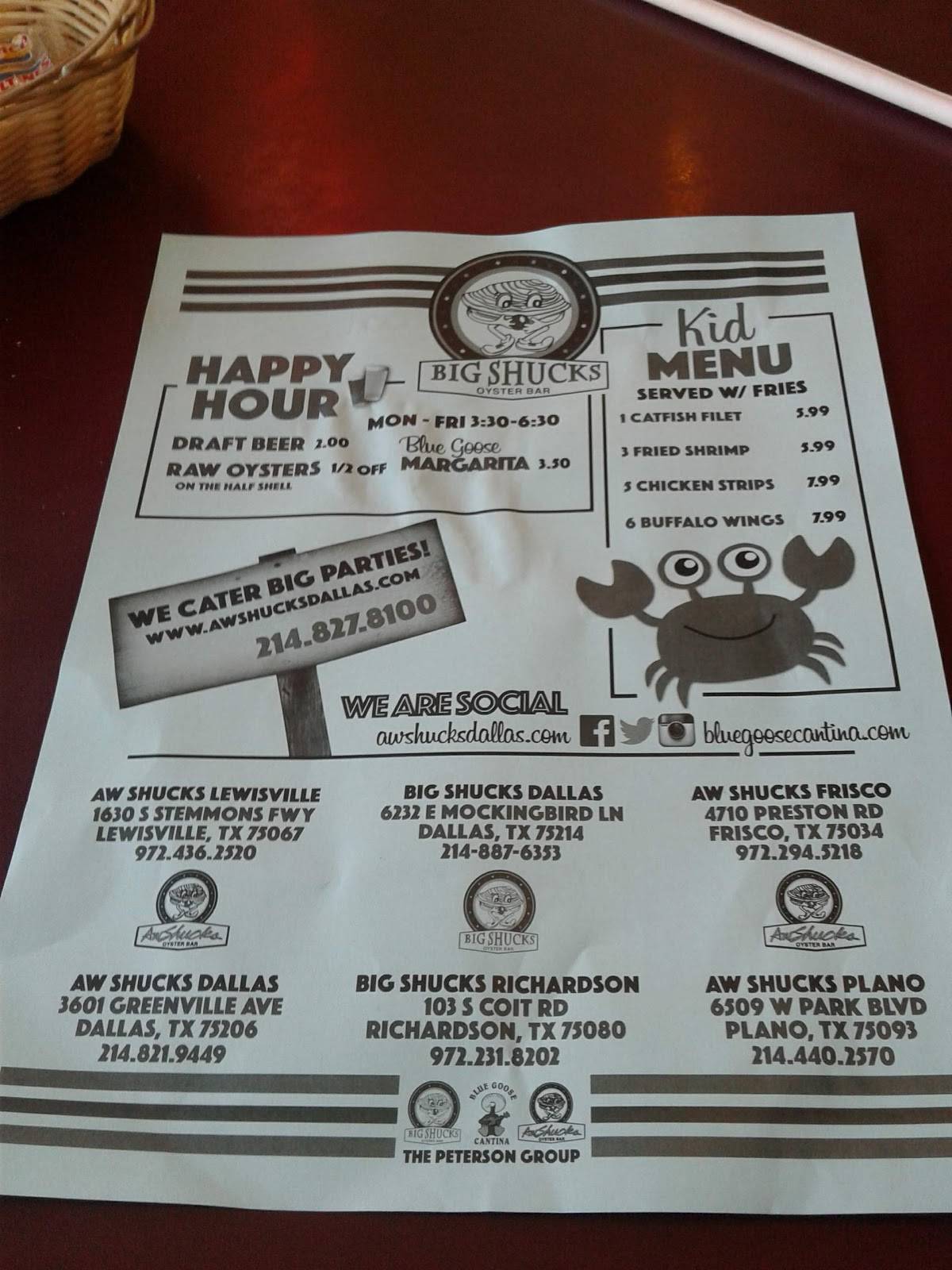 Menu at Big Shucks Seafood Restaurant & Oyster Bar, Dallas, E ...