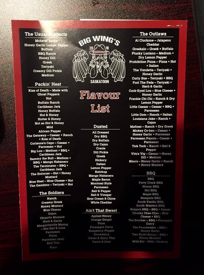 Menu at Big Wing's restaurant, Saskatoon, A Fairlight Dr