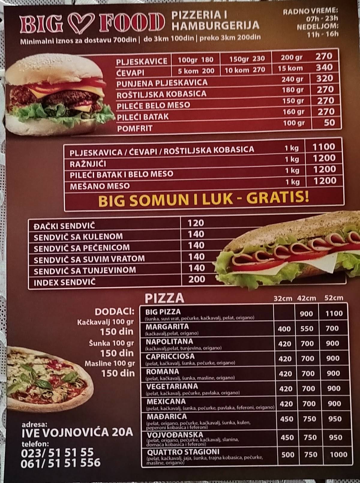 Menu at Big food plus restaurant, Zrenjanin