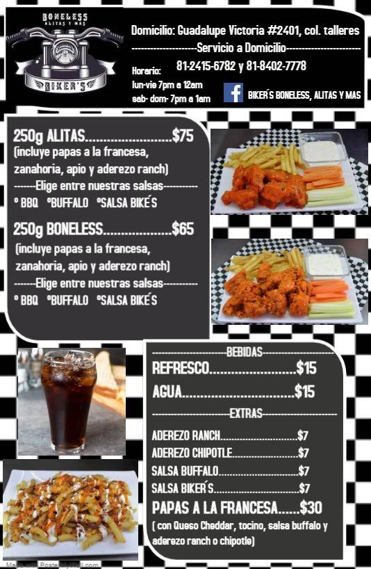 Menu at Biker´s Boneless & Alitas restaurant, Monterrey