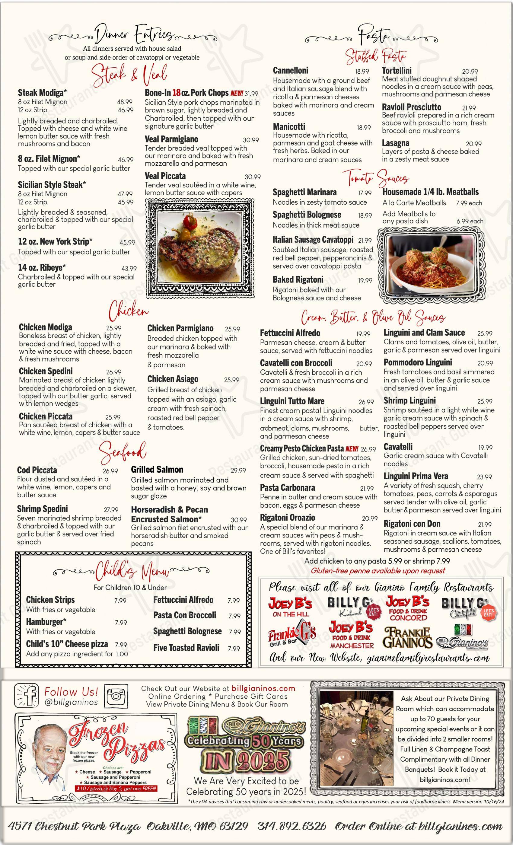 Menu at Bill Gianino's Restaurant, St. Louis