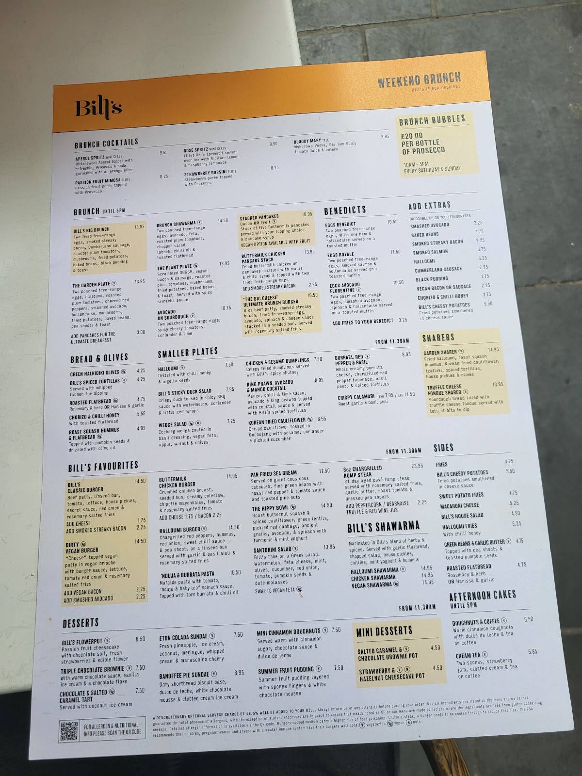Menu at Bill’s restaurant, London, Victor Wharf