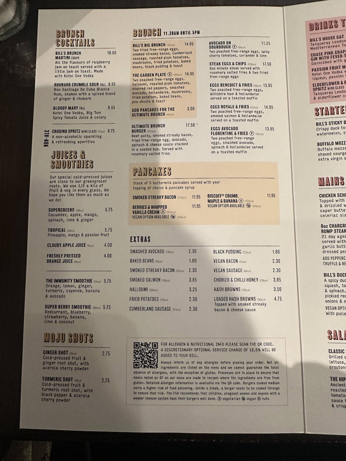 Menu at Bill’s restaurant, London, Victor Wharf