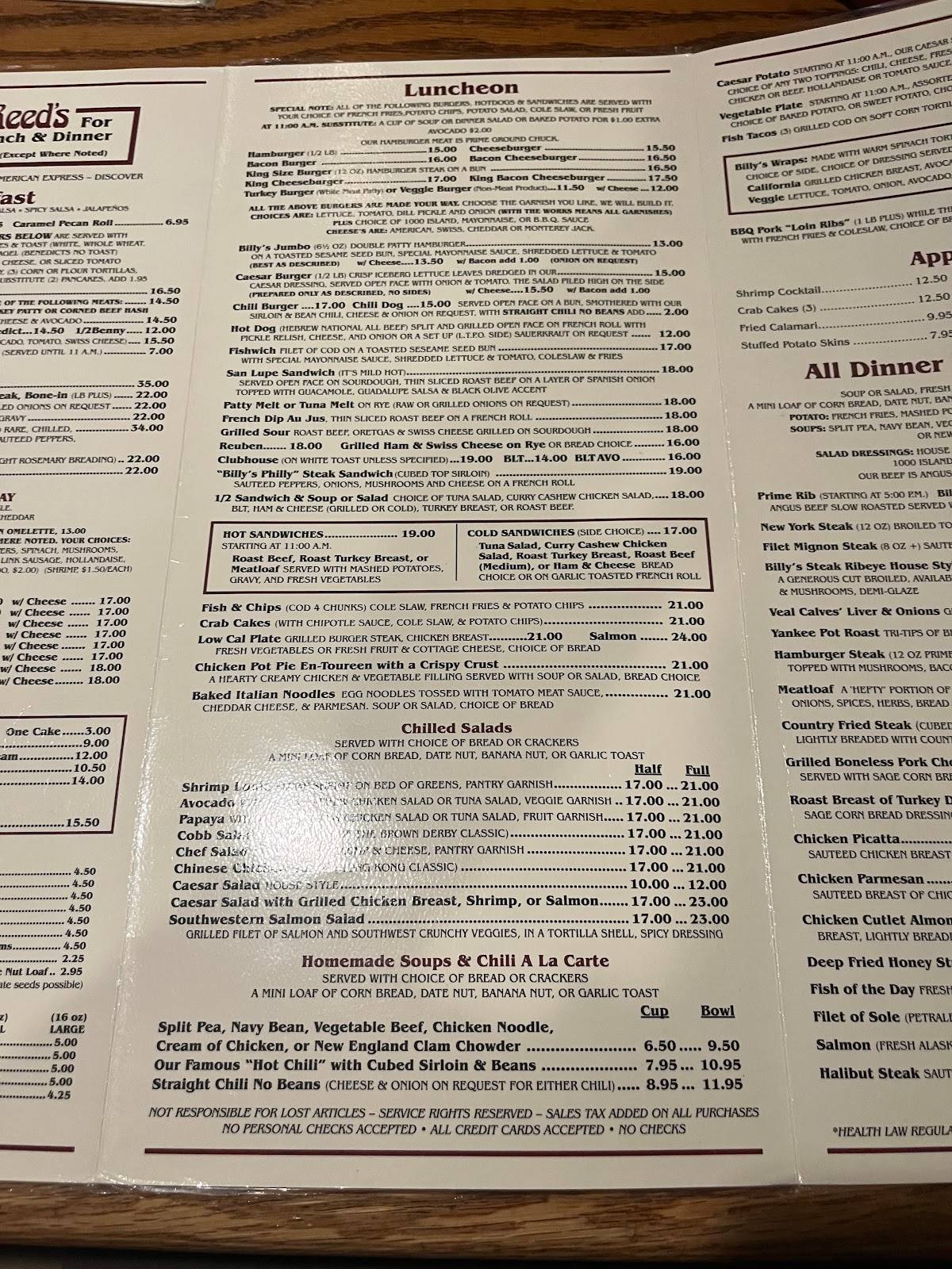 Menu at Billy Reed's Palm Springs restaurant, Palm Springs