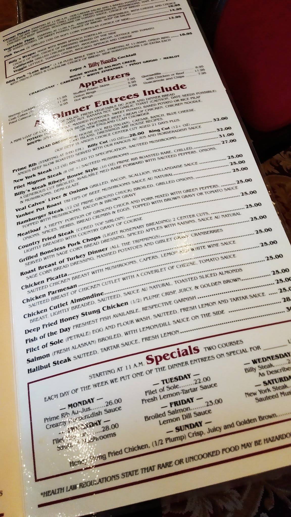 Menu at Billy Reed's Palm Springs restaurant, Palm Springs