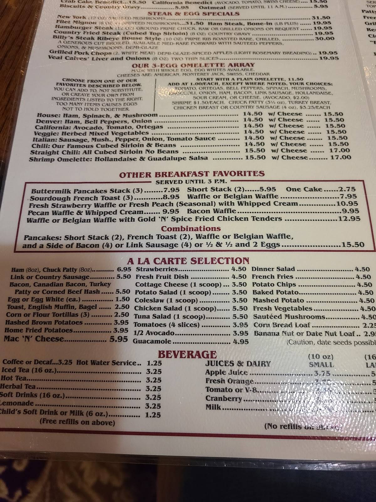 Menu at Billy Reed's Palm Springs restaurant, Palm Springs