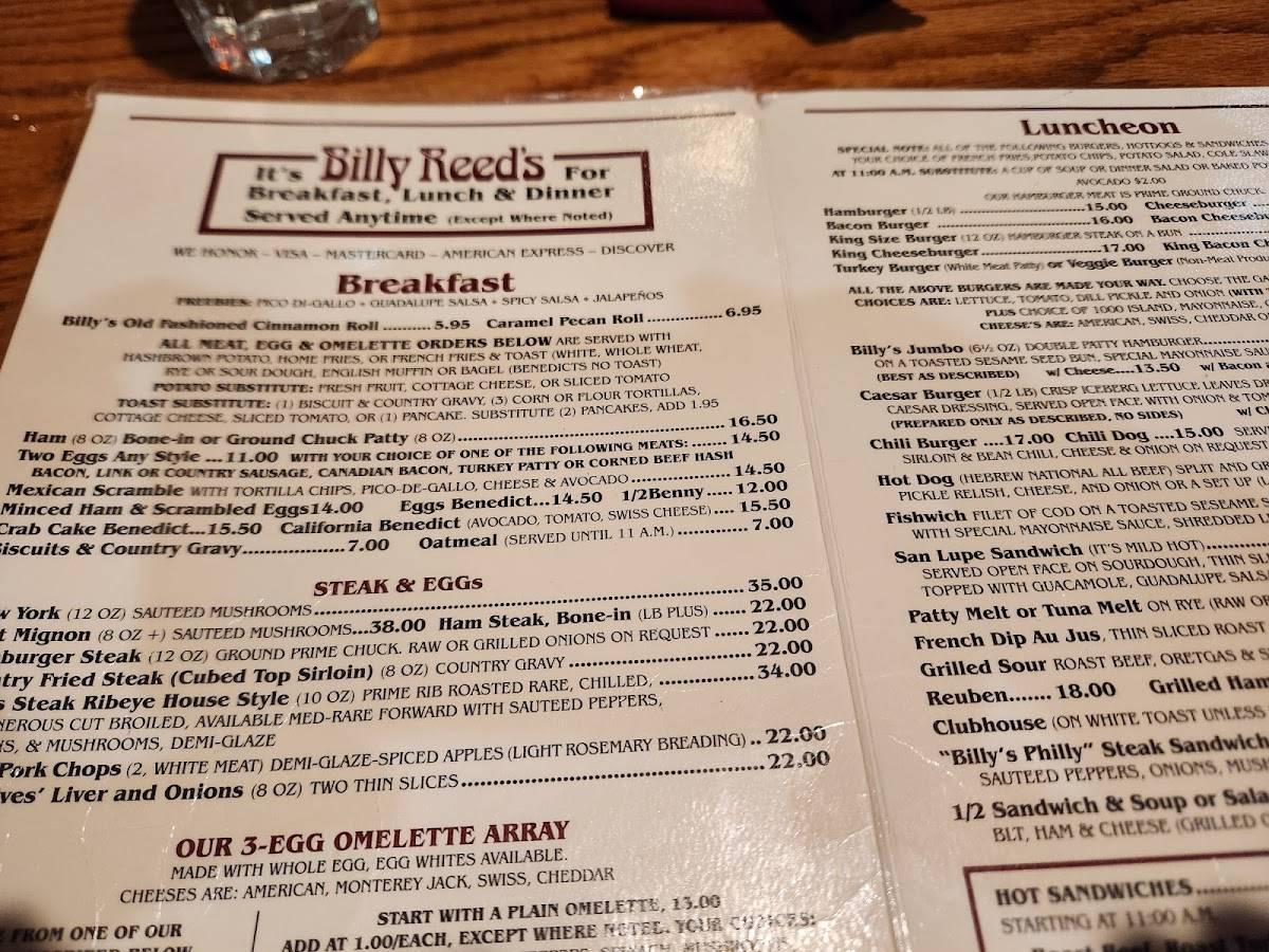 Menu at Billy Reed's Palm Springs restaurant, Palm Springs