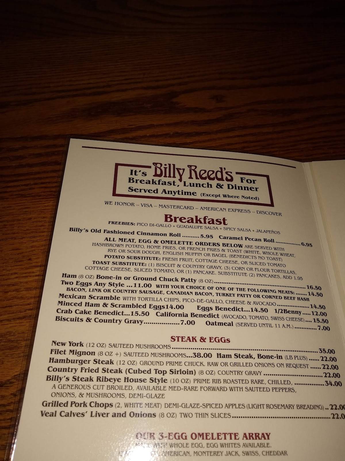 Menu at Billy Reed's Palm Springs restaurant, Palm Springs
