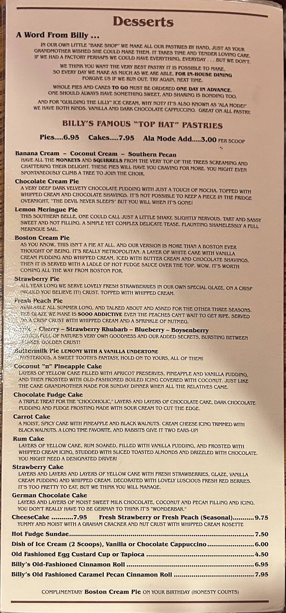 Menu at Billy Reed's Palm Springs restaurant, Palm Springs