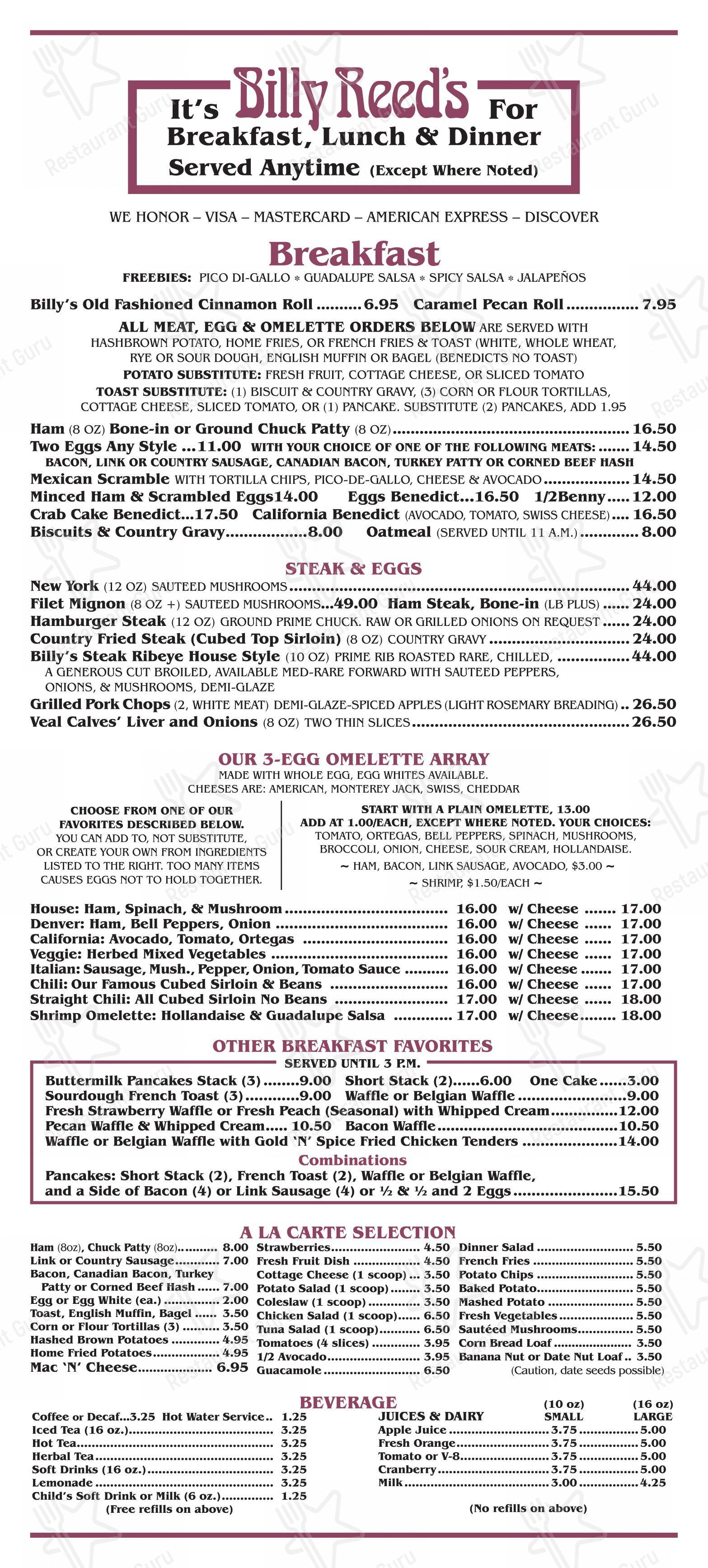 Menu at Billy Reed's Palm Springs restaurant, Palm Springs