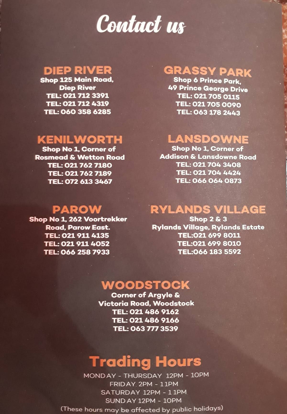 Menu at Bin Rashied Kenilworth restaurant, Cape Town, 1 Rosmead Ave